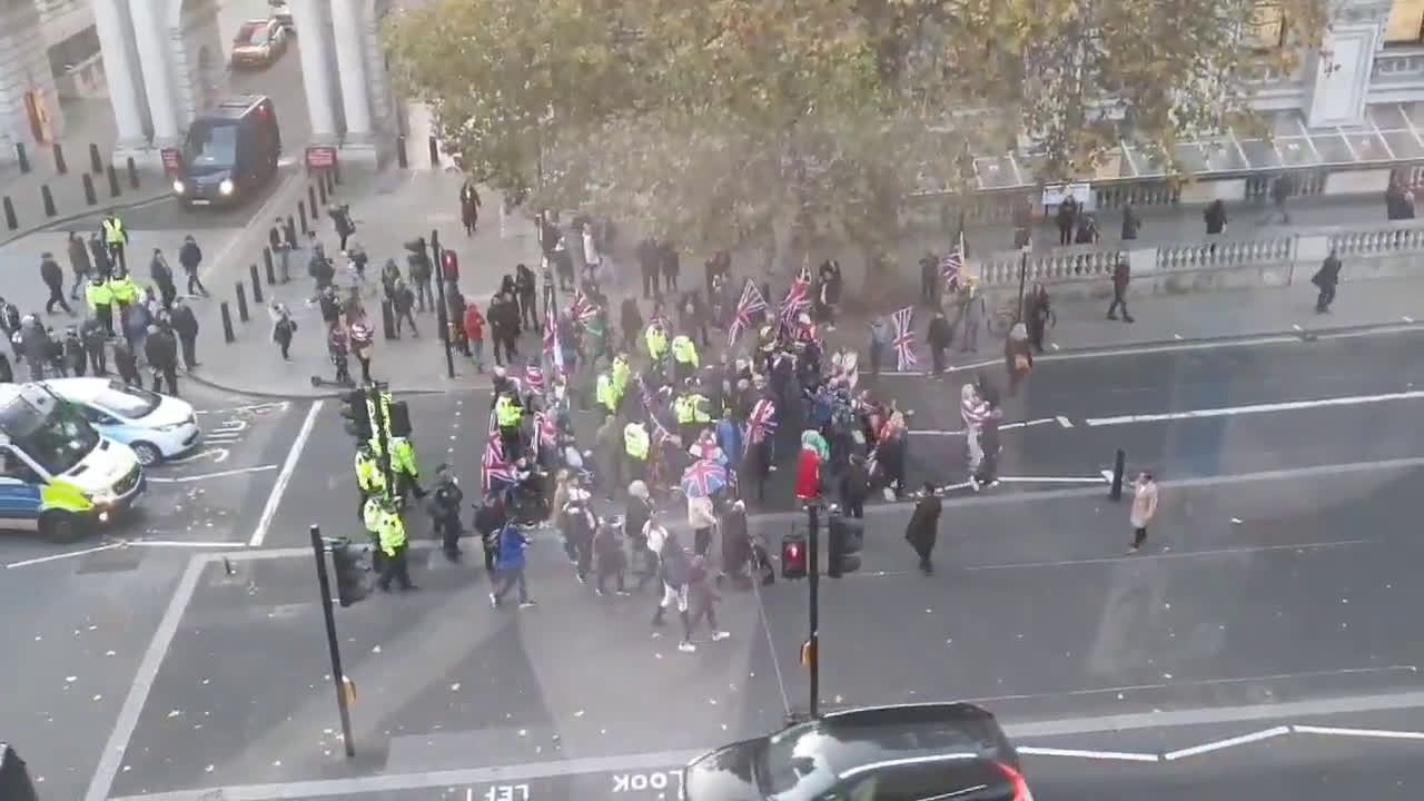 Police move a massive pro-Brexit protest along Whitehall today