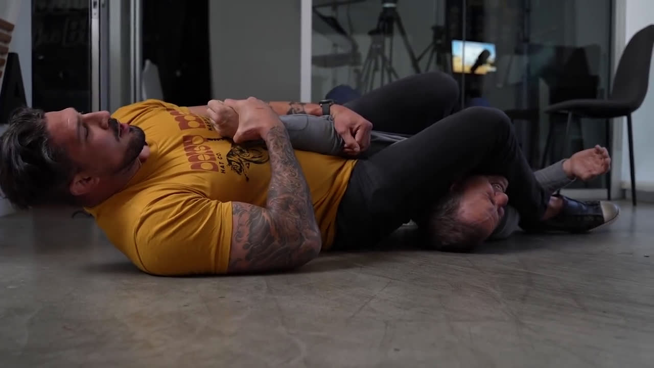 Fat boy rubbing weener against elderly man's elbow.