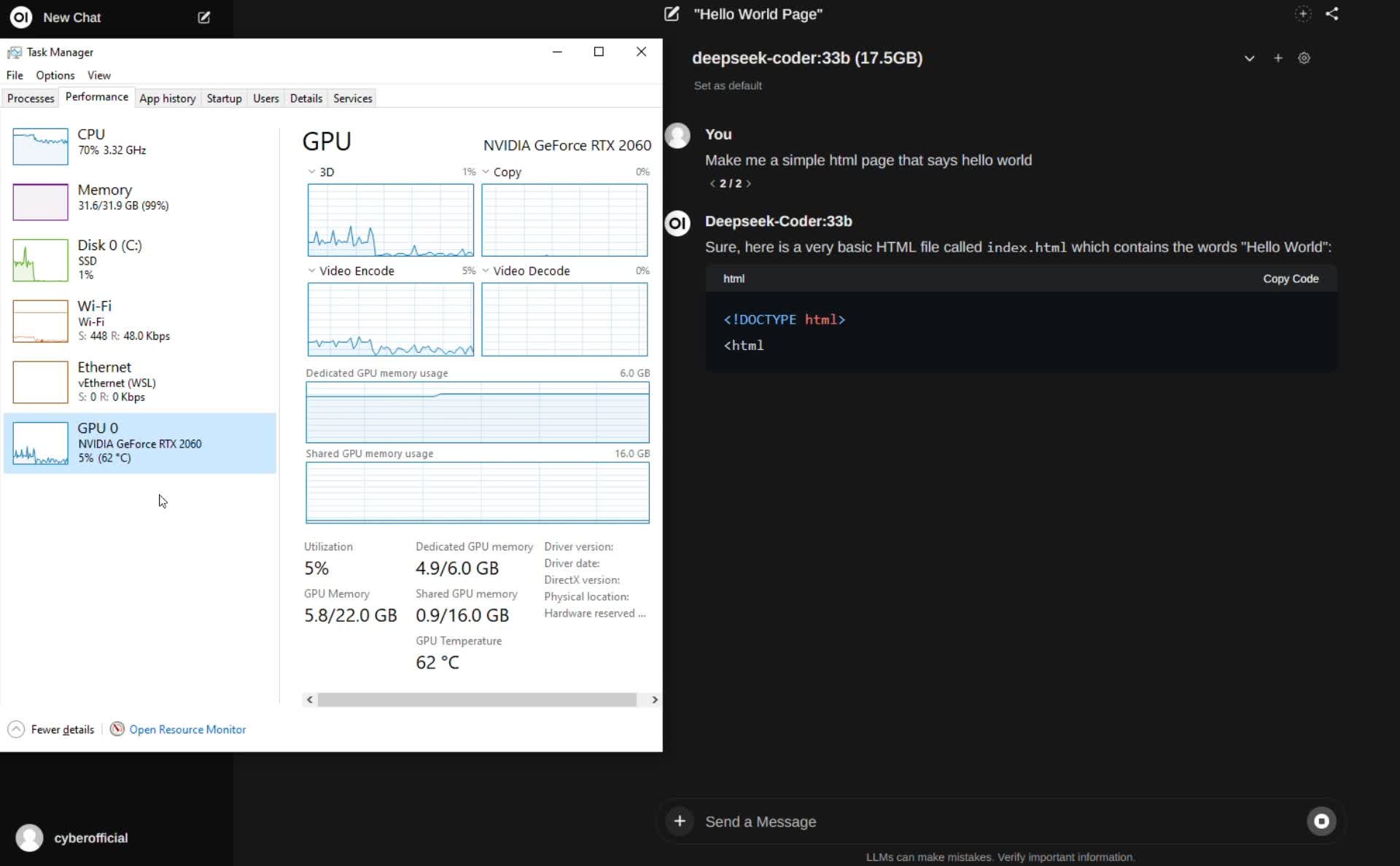 Watch DeepSeek 6B & 33B + RTX 2060 6GB + 32gb ram | Streamable