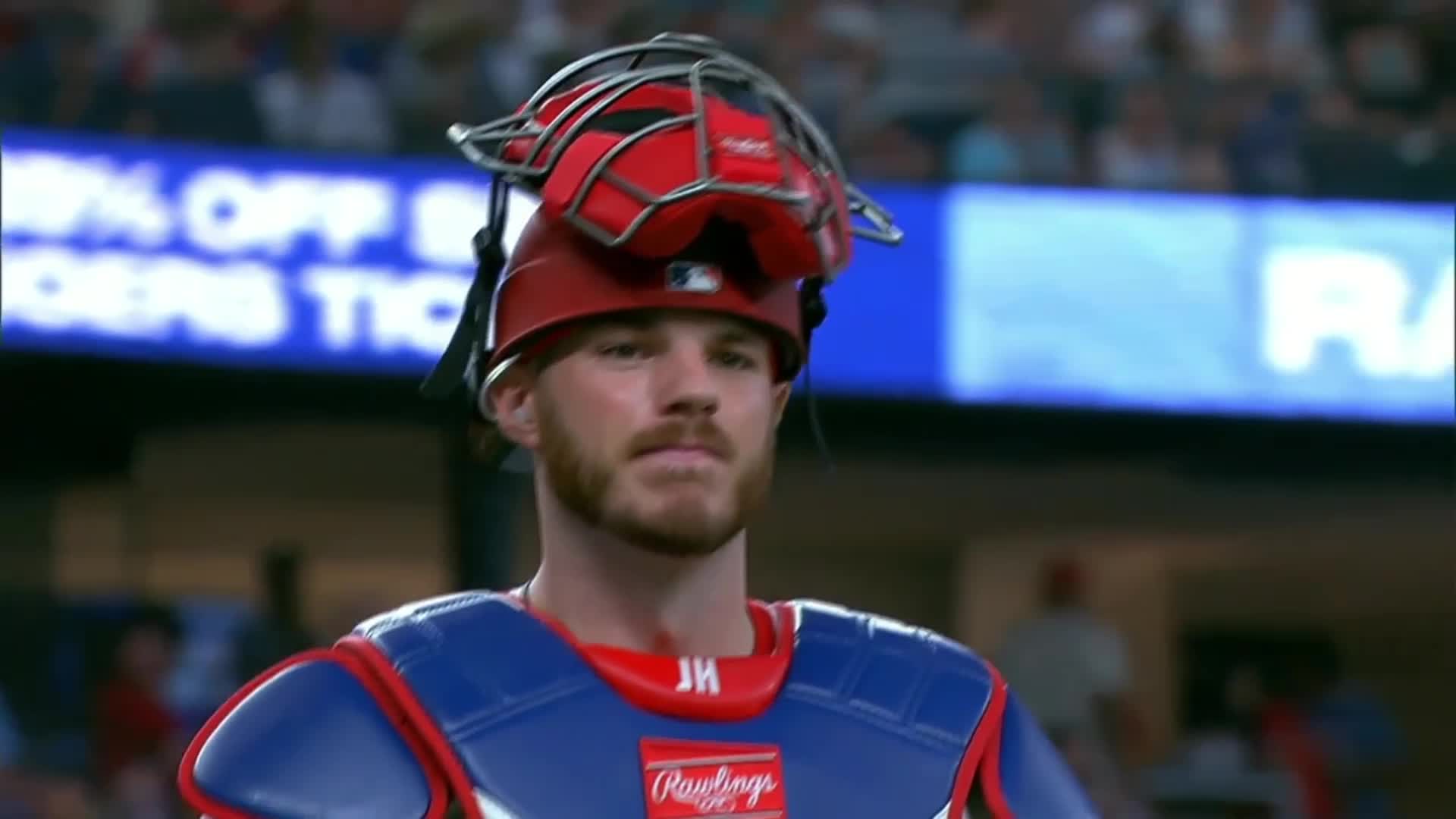 Jose Cabellero breaks for home as Jonah Heim tries to stop his throw to ...