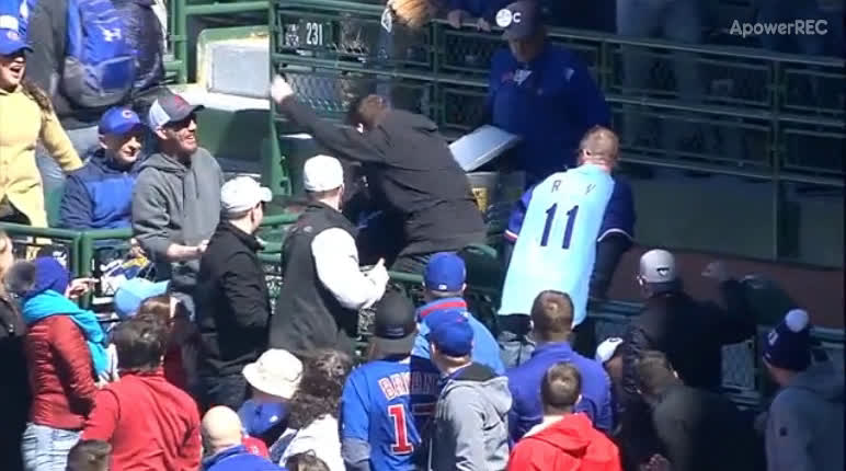 Cubs fan gets a foul ball