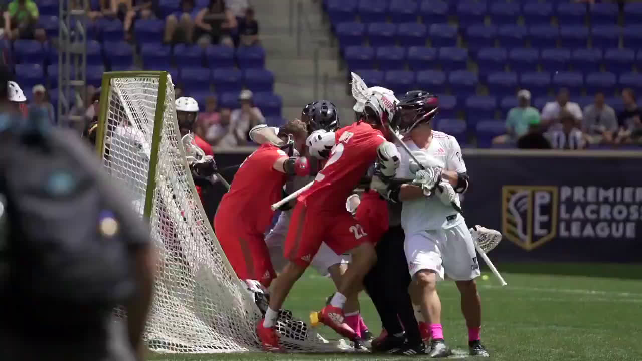 Fight after Drenner is pushed into the goal