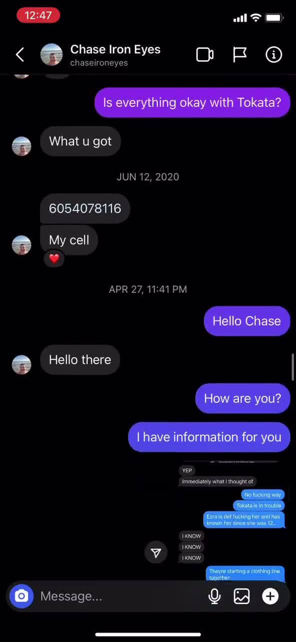 Lauren Turner texting Chase Iron Eyes 2020 to 2022