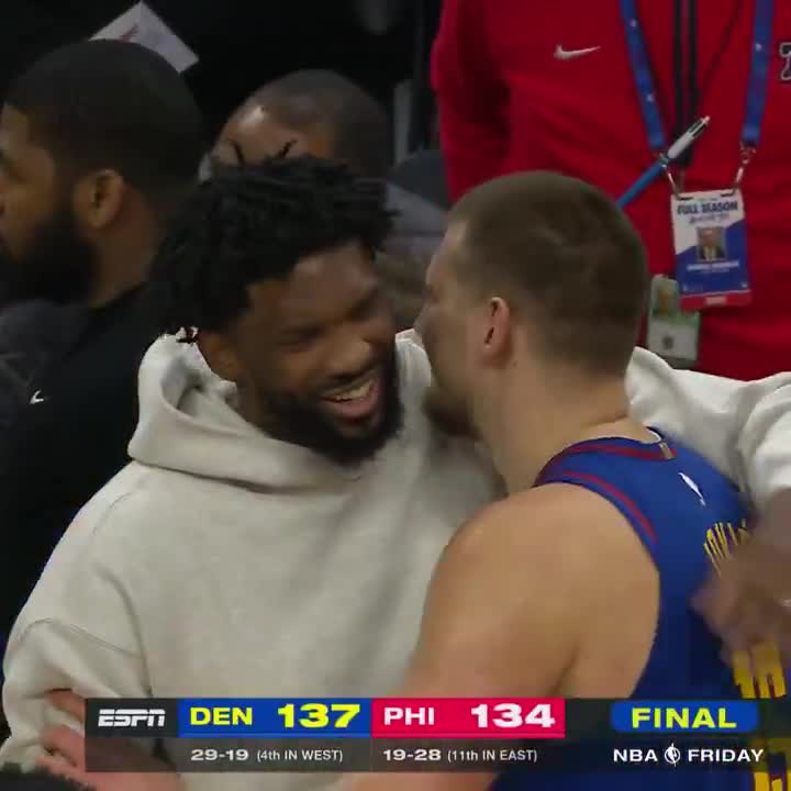 Watch Postgame embrace between Jokic and Joel Embiid | Streamable