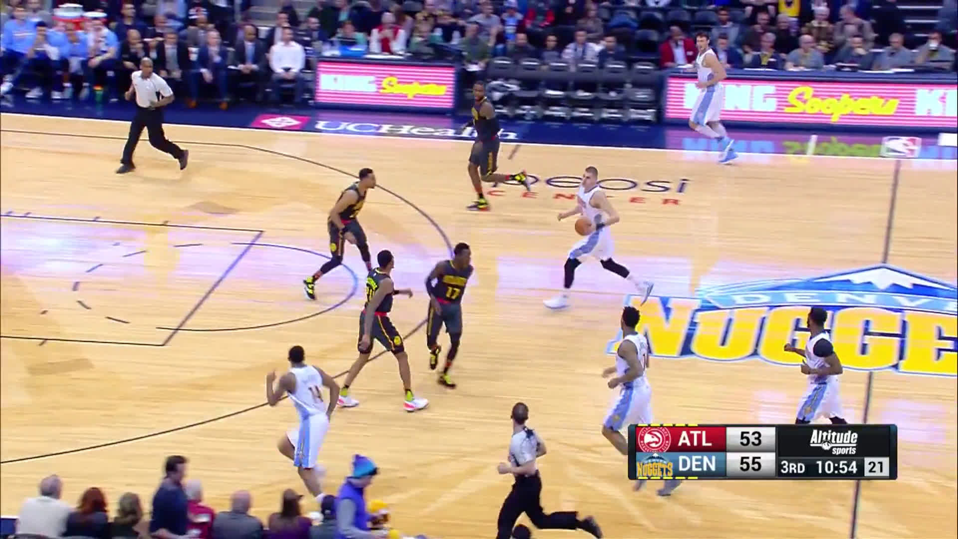 Watch Jokic no look drop pass in transition to Harris for dunk vs ATL | Streamable
