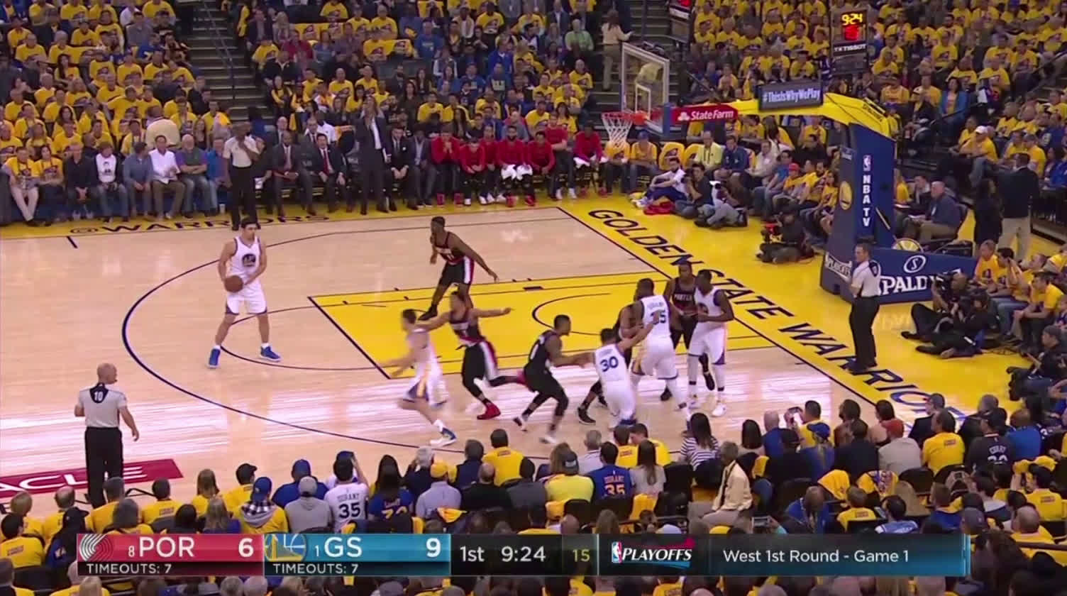 cj block on klay's first shot