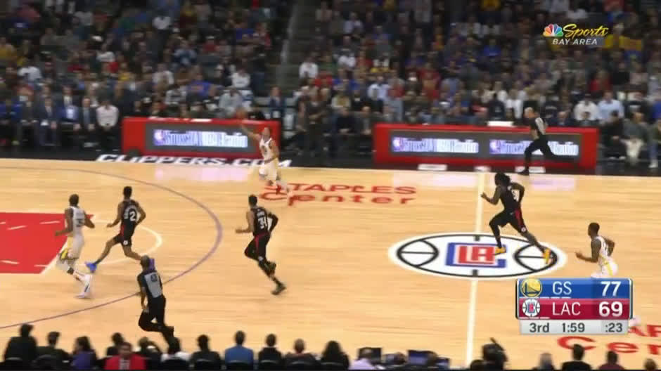 KD blocks Harris which leads to Iguodala throwing it down the court for ...