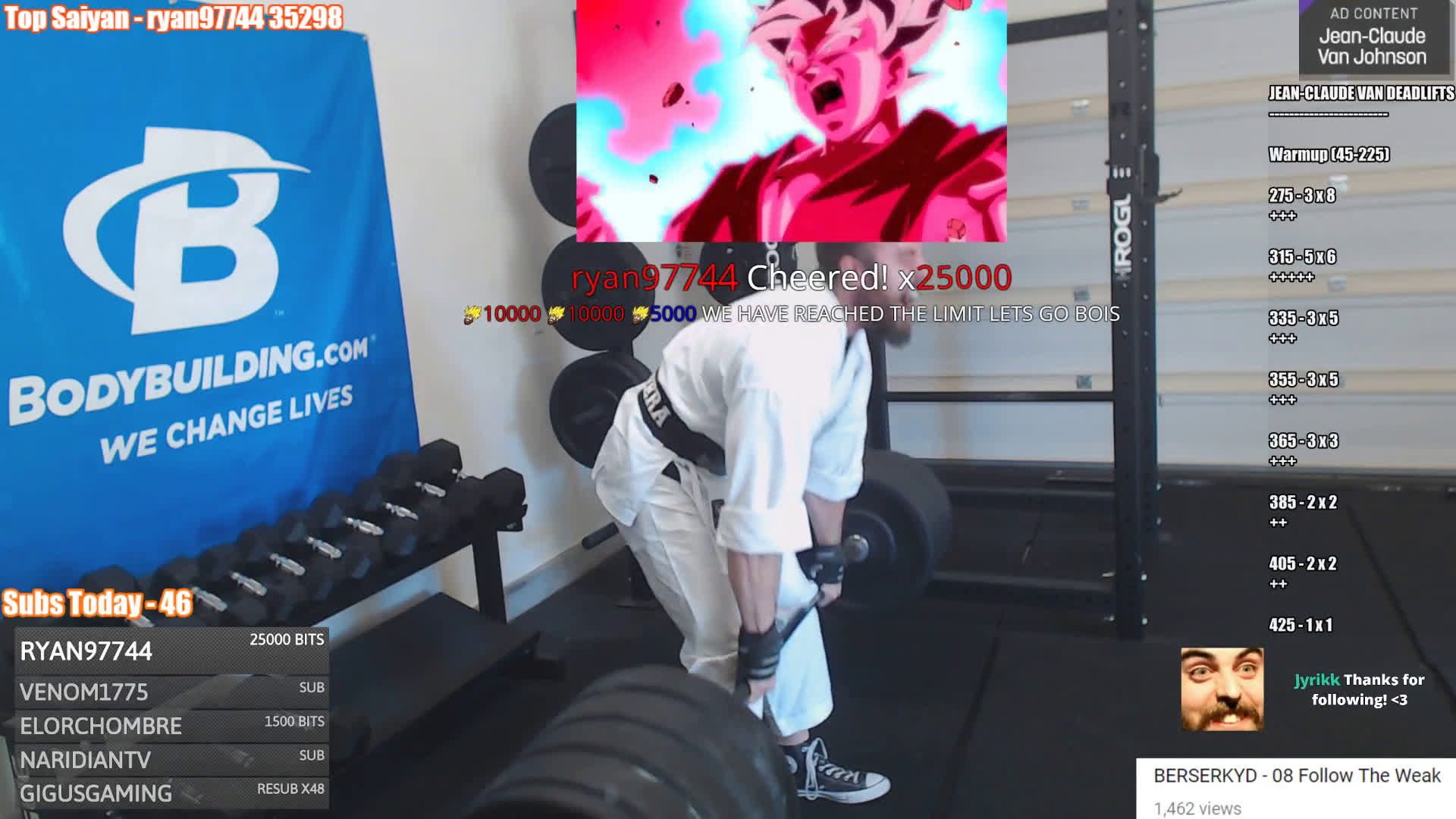 Streamer goes Super Saiyan and dead lifts 425 pounds + epic timing.