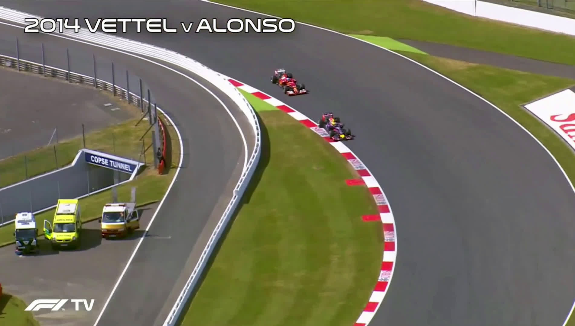 Alonso vs Vettel going into Copse