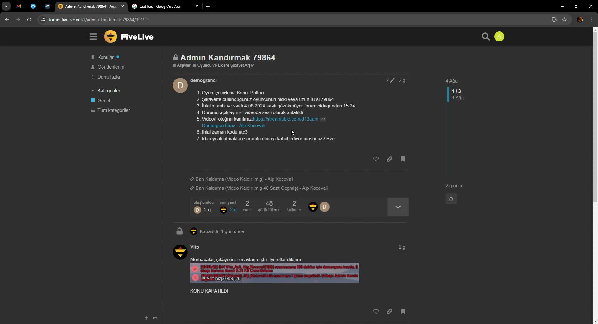 Watch Admin Kandırmak 79864 - Arşivler _ Oyuncu ve Lidere Şikayet Arşiv - FiveLive - Google ...