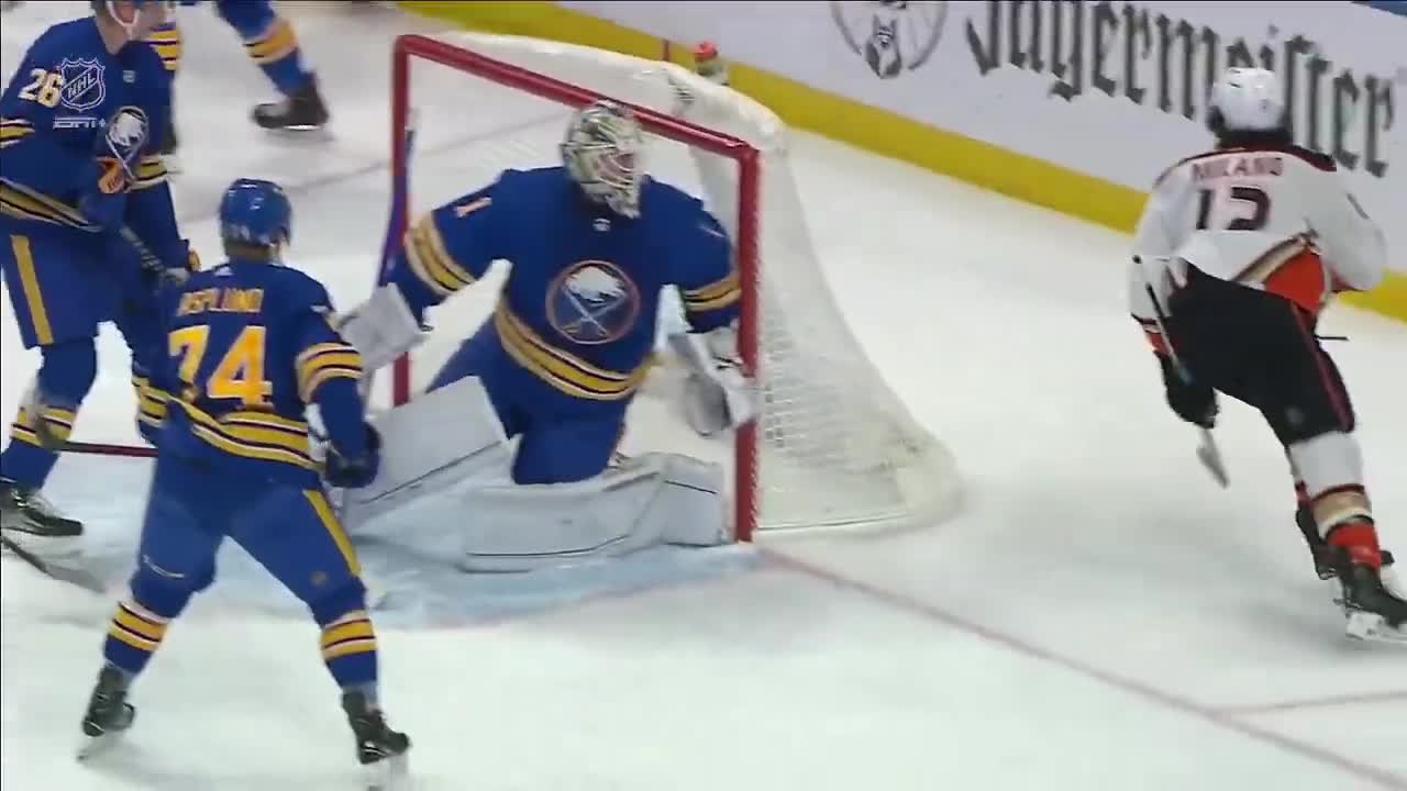 Trevor Zegras with a Michigan flip pass over the net to Sonny Milano.