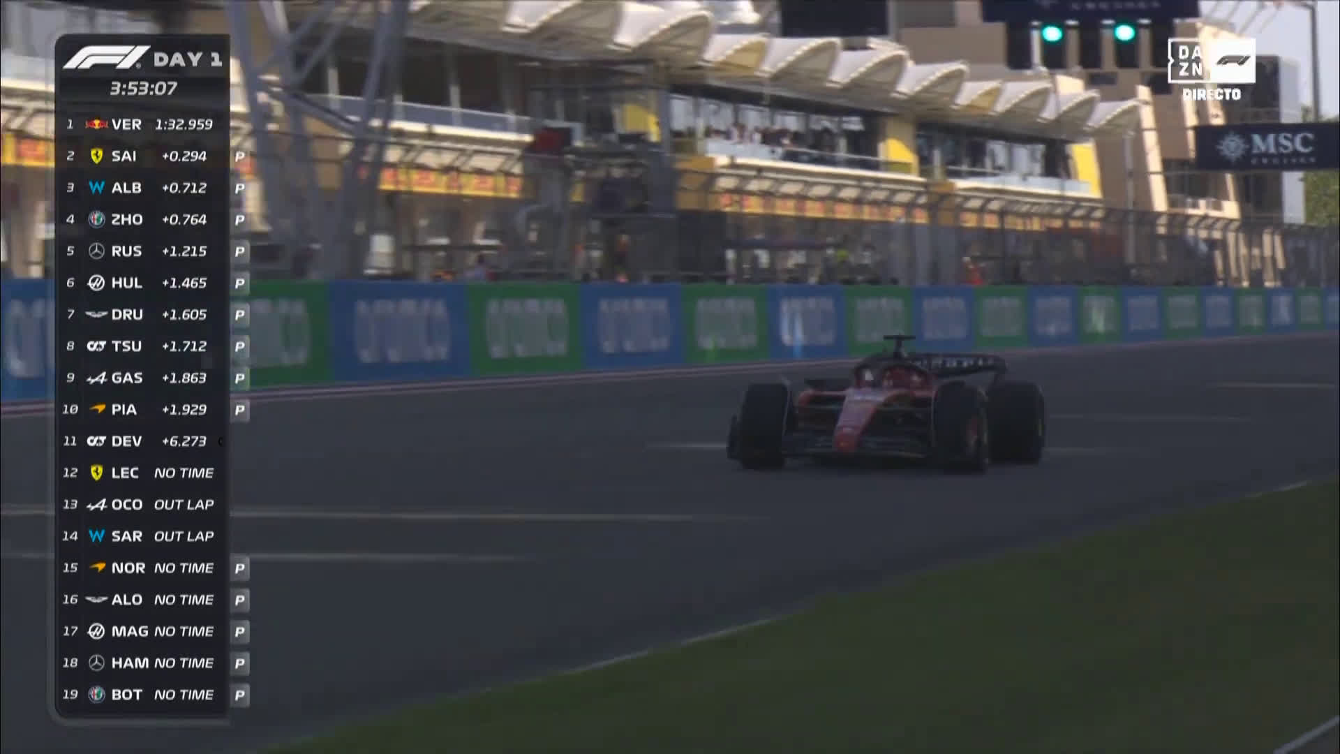 Charles Leclerc drives Ferrari SF-23 with aero rakes on Day 1 of testing