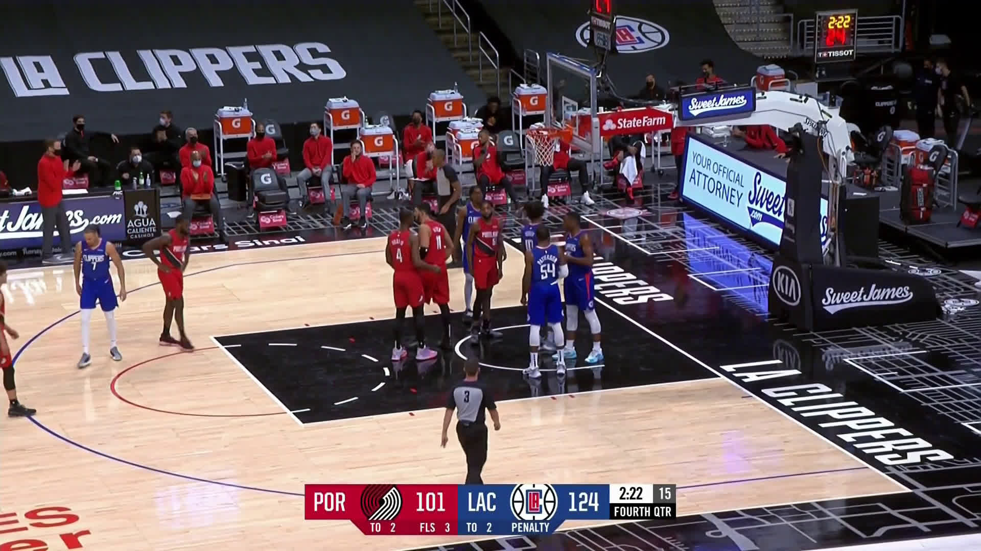 Giles gets the block then takes the ball up the floor