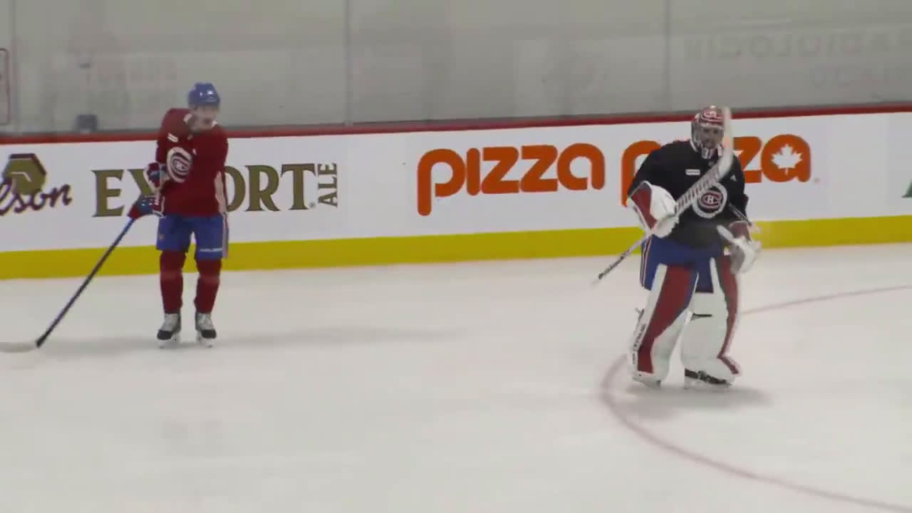 Carey Price smashes his stick at practice