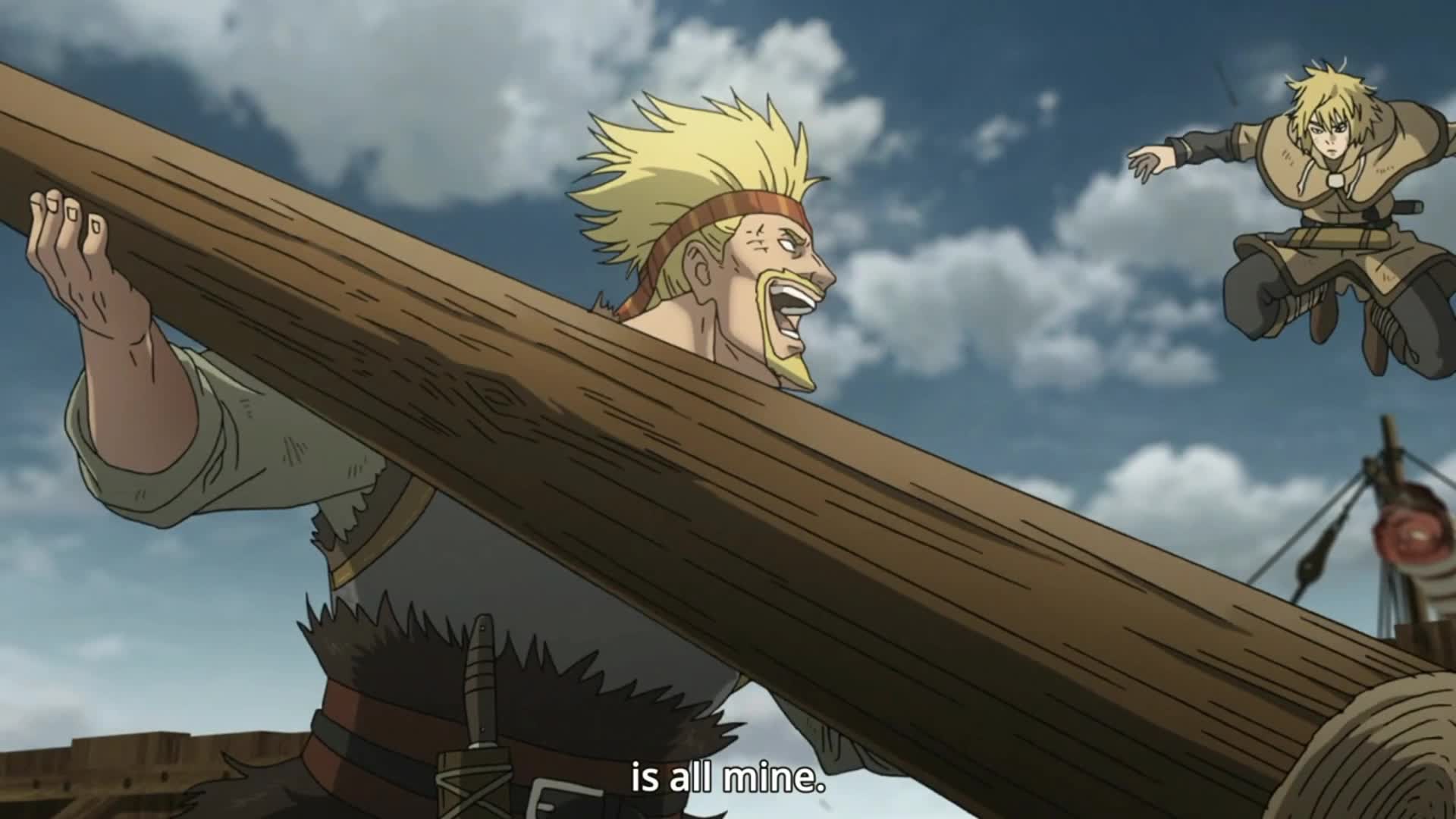 Thorkell using a tree trunk as a weapon