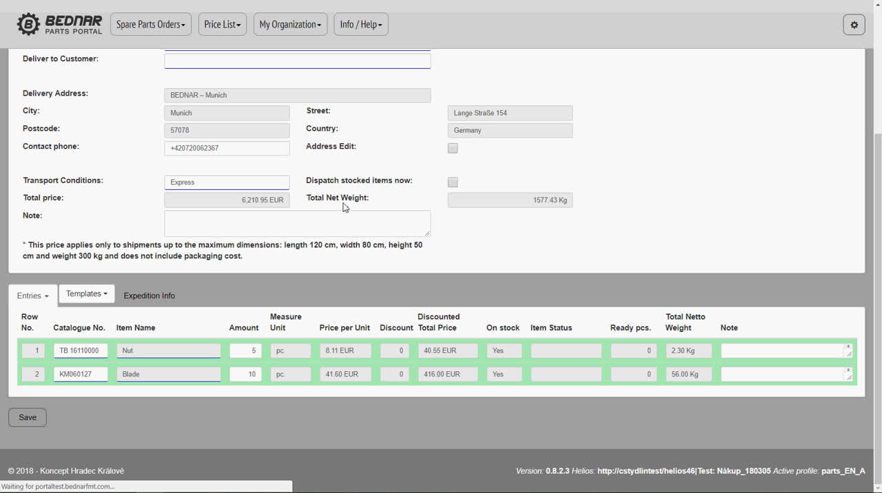 Basic spare parts order