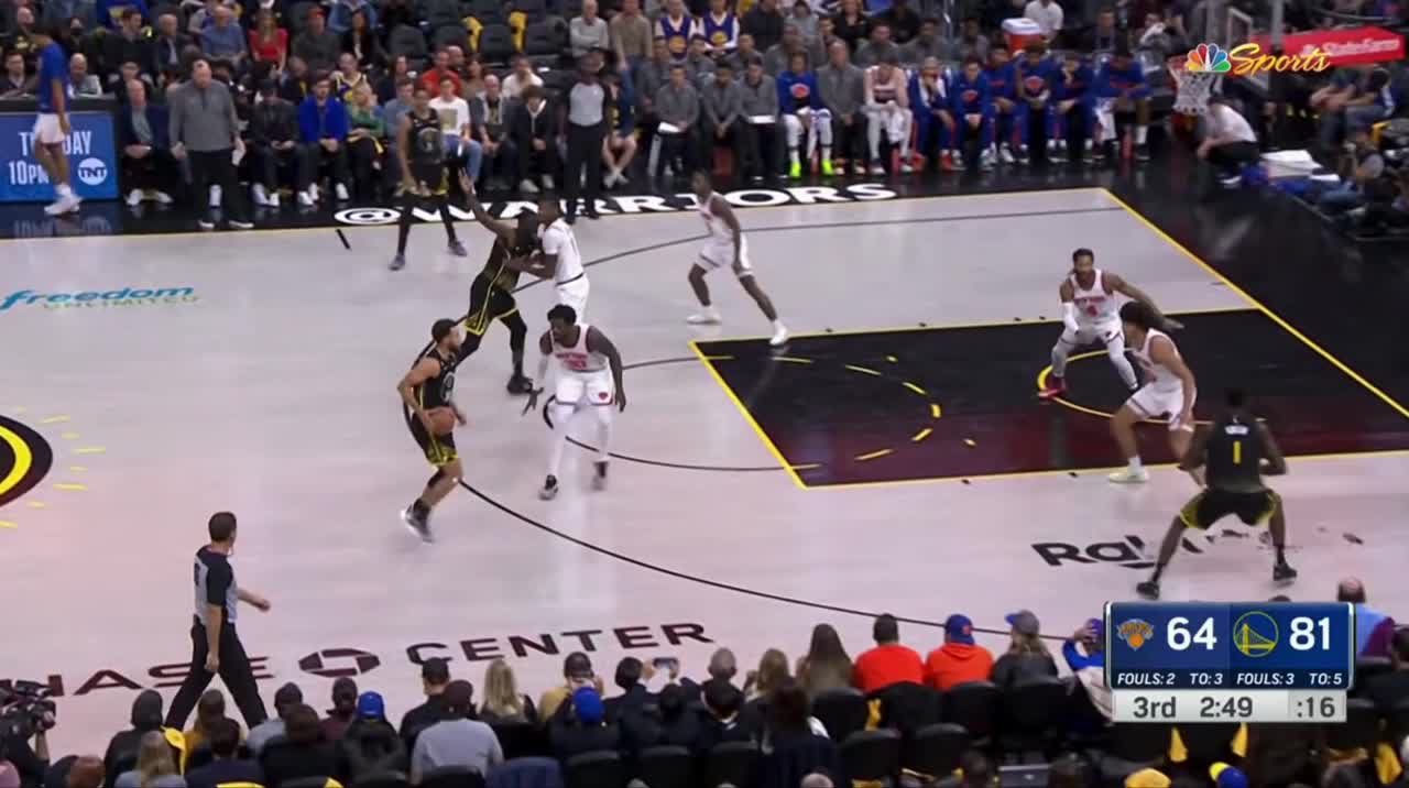 klay draws two on baseline curl, hits green for dunk